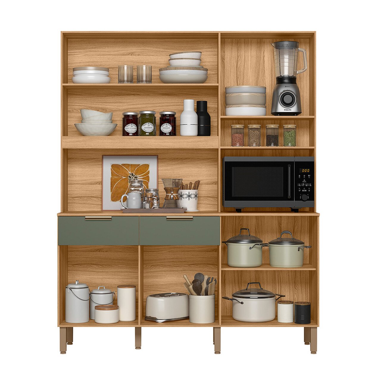 Armário Cozinha Compacta Tropical - Freijó / Verde / Ripado Freijó ...