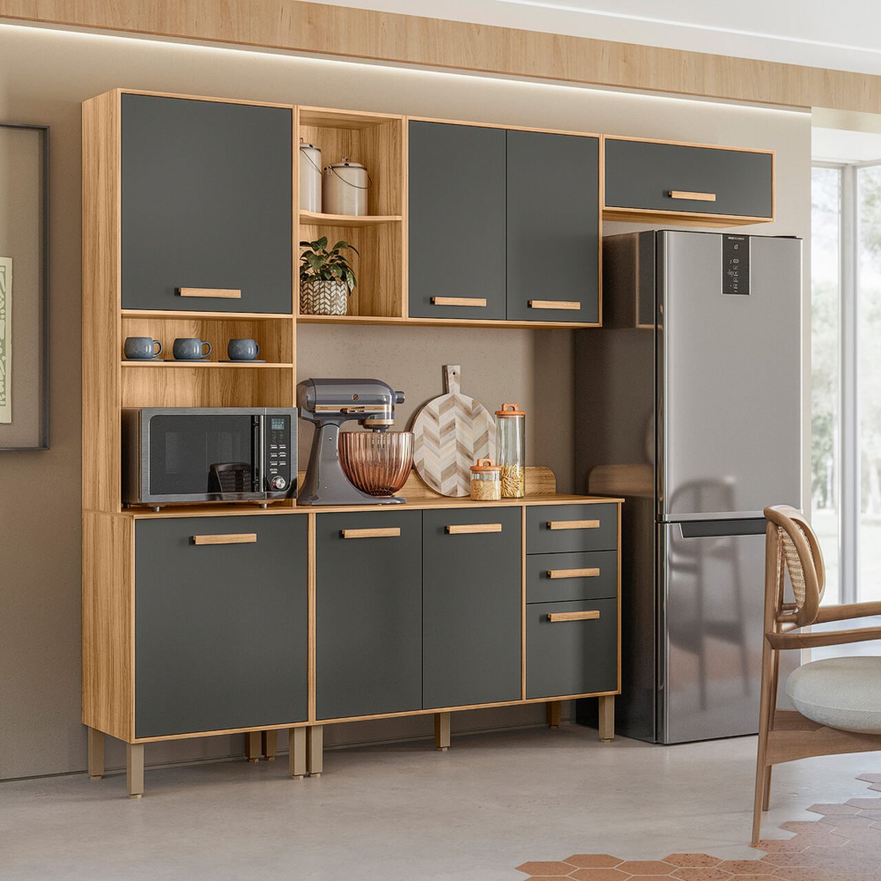 Armário com Balcão Cozinha Compacta Maria Flor - Freijó / Chumbo ...